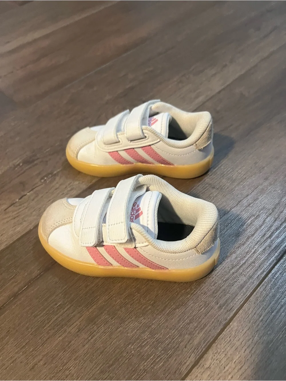 adidas | Shoes | Adidas Kids White Sneakers With Pink Stripes And Gum ...